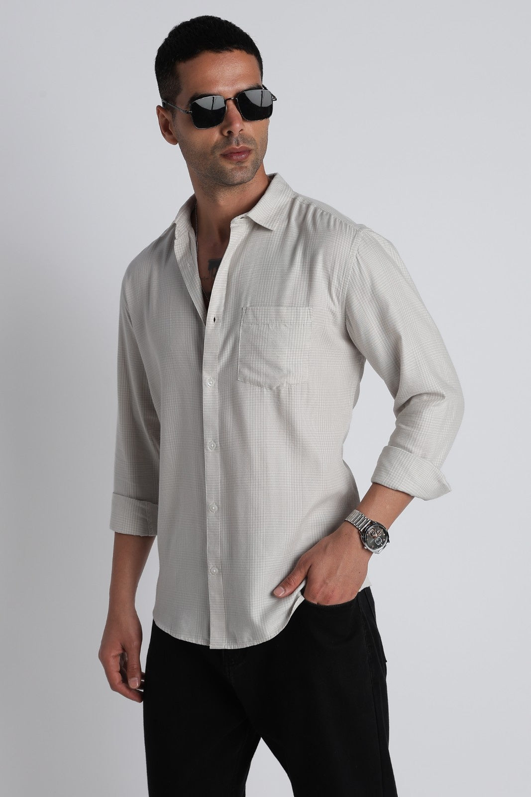 Buy Light Grey Micro-Check Classic Shirt for Men | Uri – Kashyap Global ...